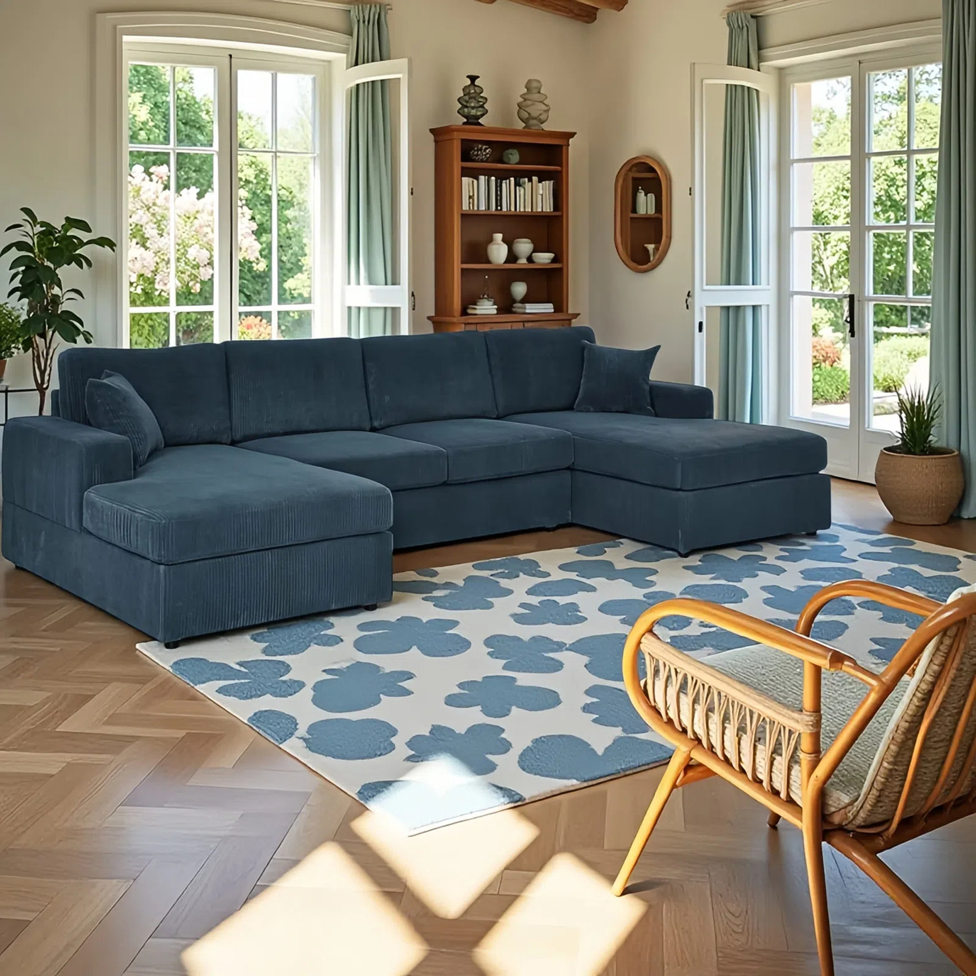 Latitude Run® 120" U-Shaped Sectional Sofa Stripe Corduroy Modular Cloud Couch With Deep Seat ...